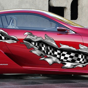 3D Checkered Flag Car Wrap, Ripped Metal Racing Flag Car Decal ...