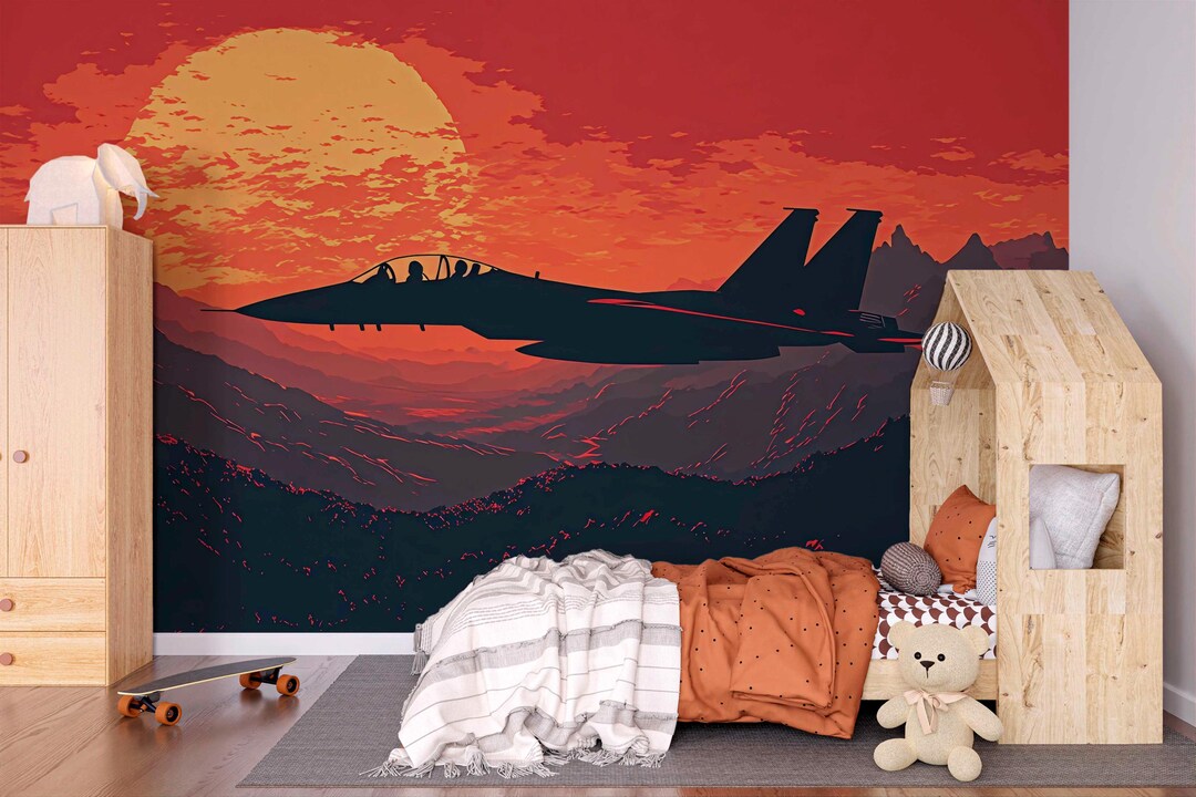 Fighter Jet Sunset Wall Mural – Boys Bedroom Military Plane Wallpaper ...