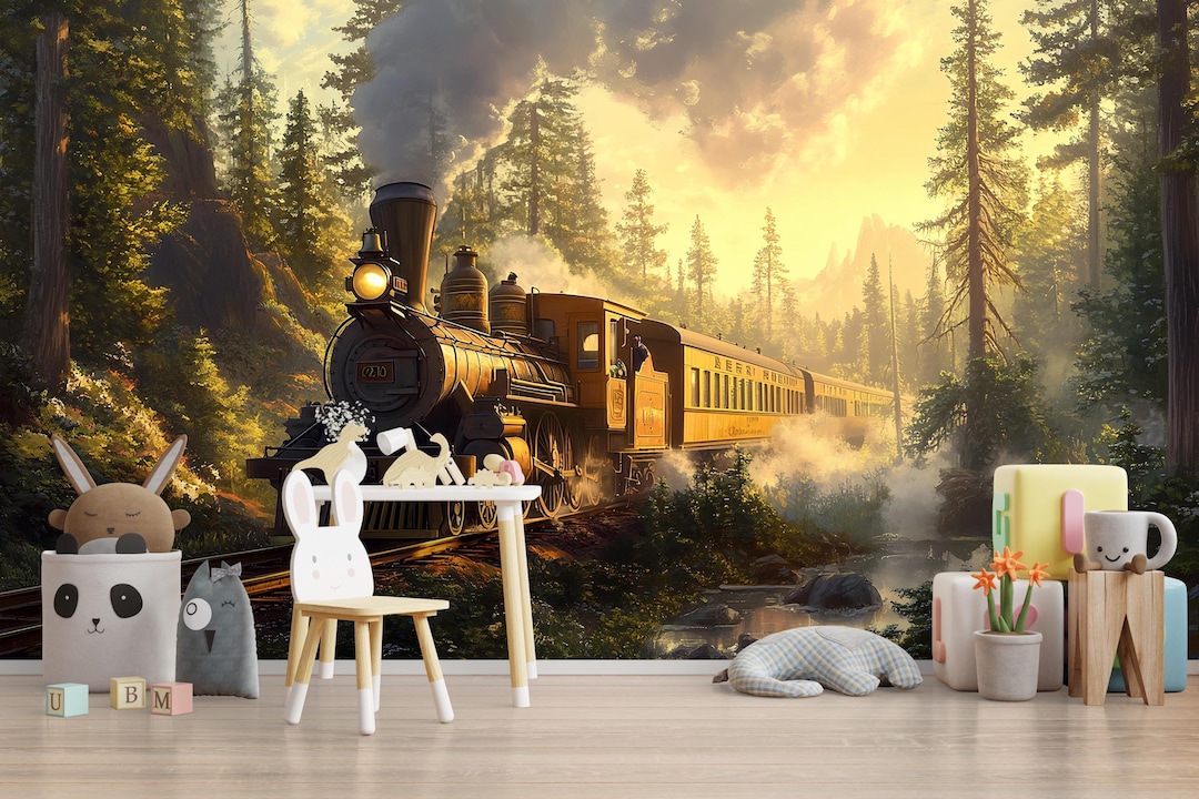Watercolor Steam Train Forest Wallpaper / Vintage Train Wall Mural ...