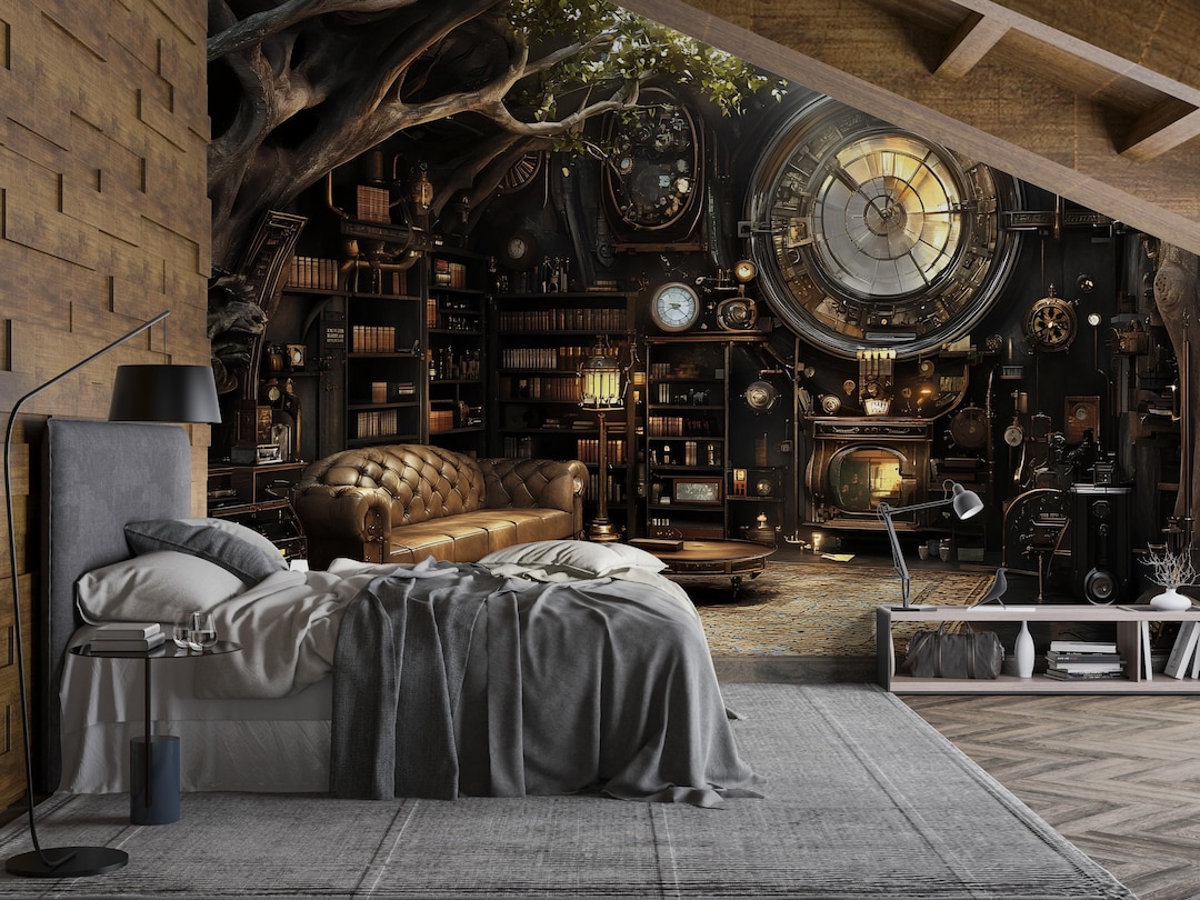 Steampunk Library Wallpaper, Bold Vintage Clock Wall Mural, Industrial ...