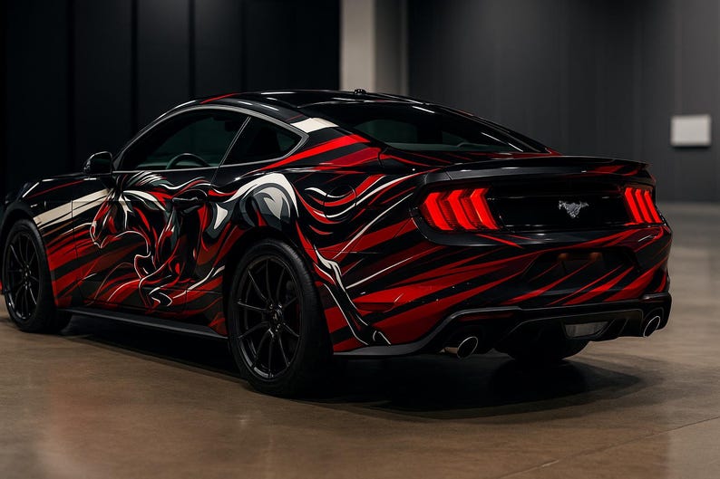 Black Red Mustang Horse Car Wrap | Custom Racing Vinyl | Muscle Car ...