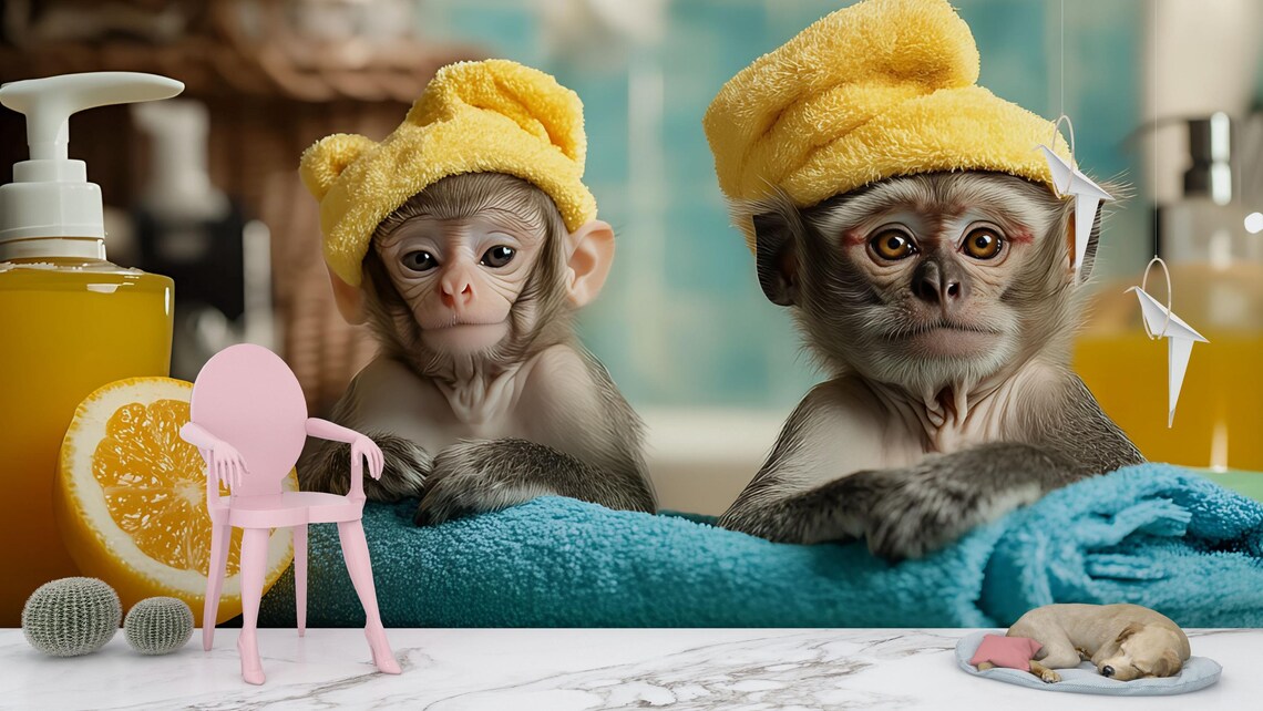 Funny Monkey Spa Wall Mural With Baby Monkeys in Towels | Playful ...