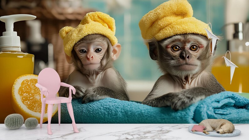 Funny Monkey Spa Wall Mural With Baby Monkeys in Towels | Playful ...