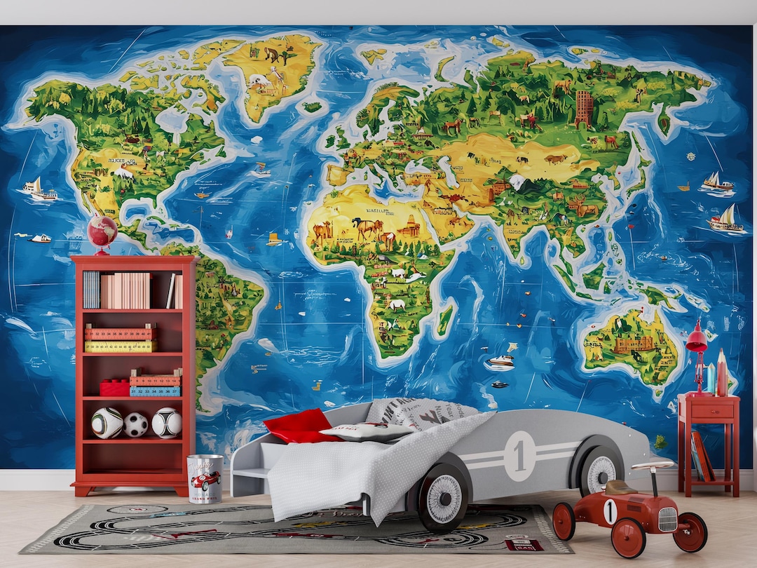 Illustrated Kids World Map Mural – Peel and Stick Educational Wallpaper ...