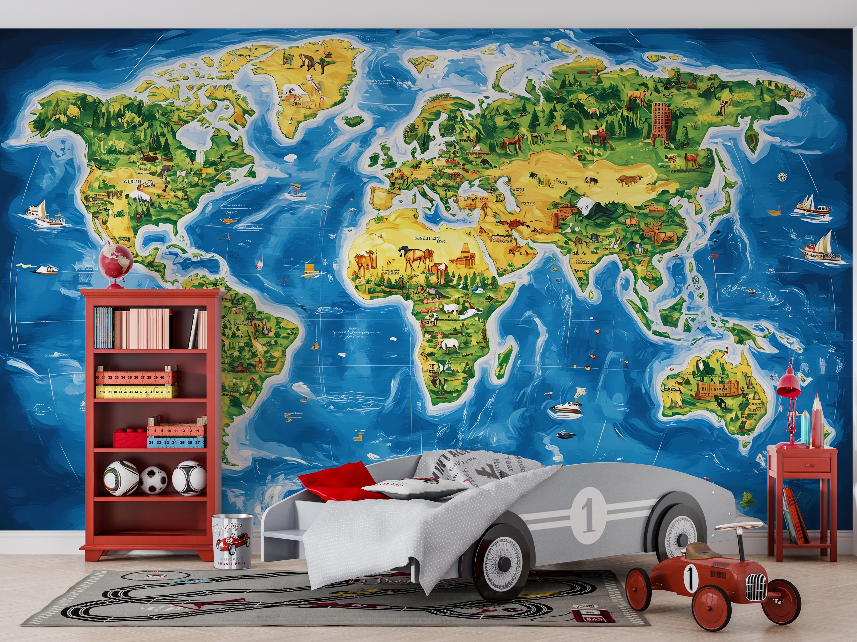 Illustrated Kids World Map Mural – Peel and Stick Educational Wallpaper ...