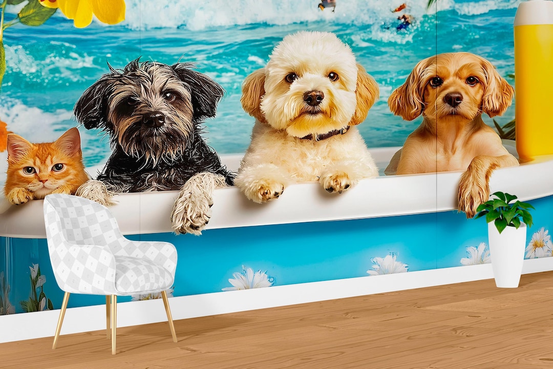 Dog Grooming Salon Wallpaper Pet Spa Decor With Dogs in Bathtub | Cute ...