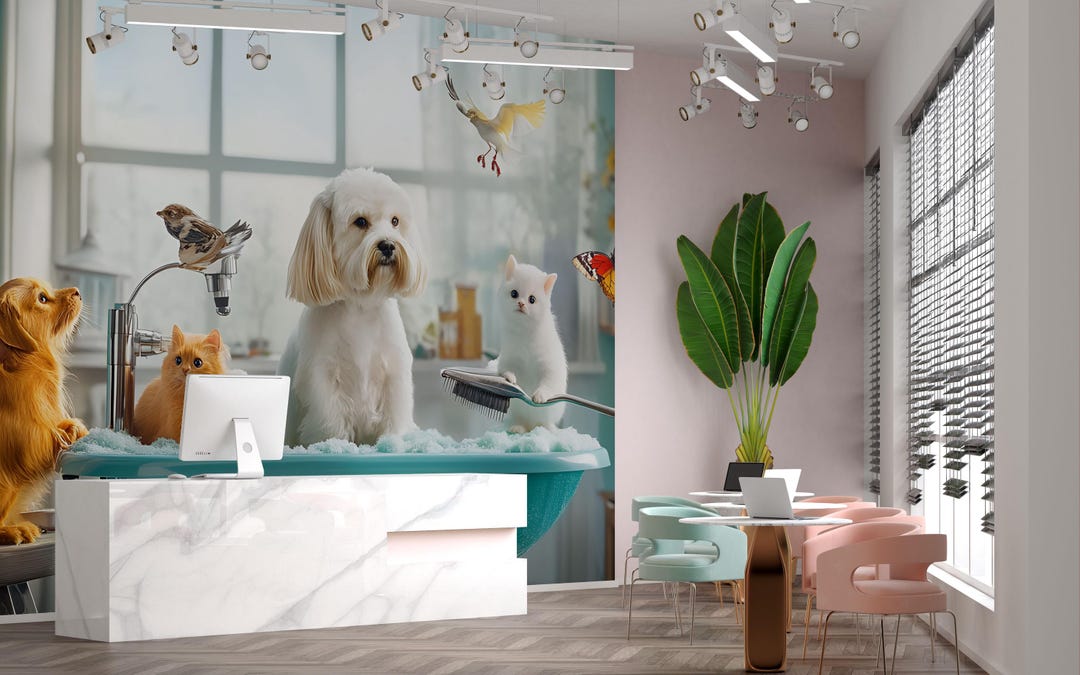 Dog Grooming Spa Wallpaper With Cute Dogs Cats and Birds in Bathtub ...