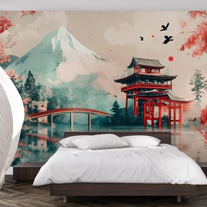 Japanese Wall Mural With Mount Fuji – Cherry Blossom Landscape Mural ...