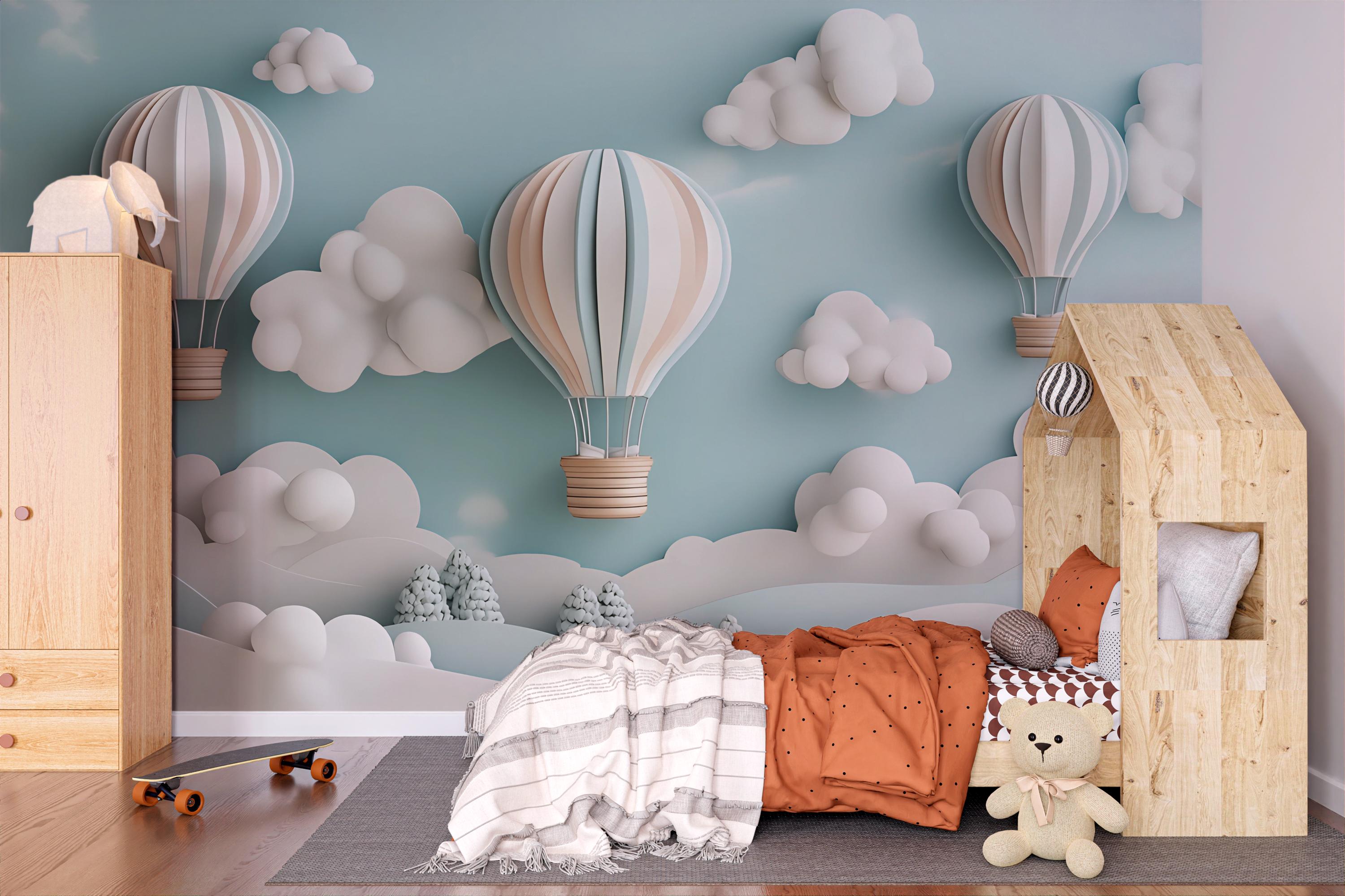 3D Hot Air Balloon Wall Mural – Gender Neutral Cloud Nursery Wallpaper ...