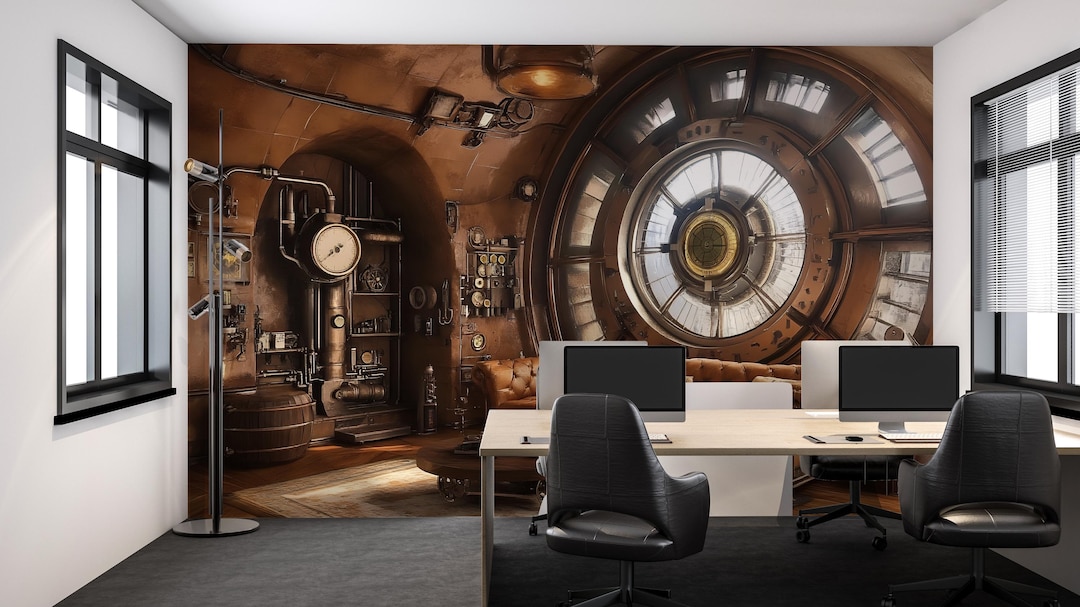 Steampunk Control Room Wallpaper, Bold Industrial Clock Wall Mural ...