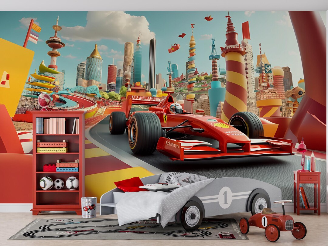 Race Car Wall Mural – Formula 1 Track Wallpaper for Kids Room, Bold ...