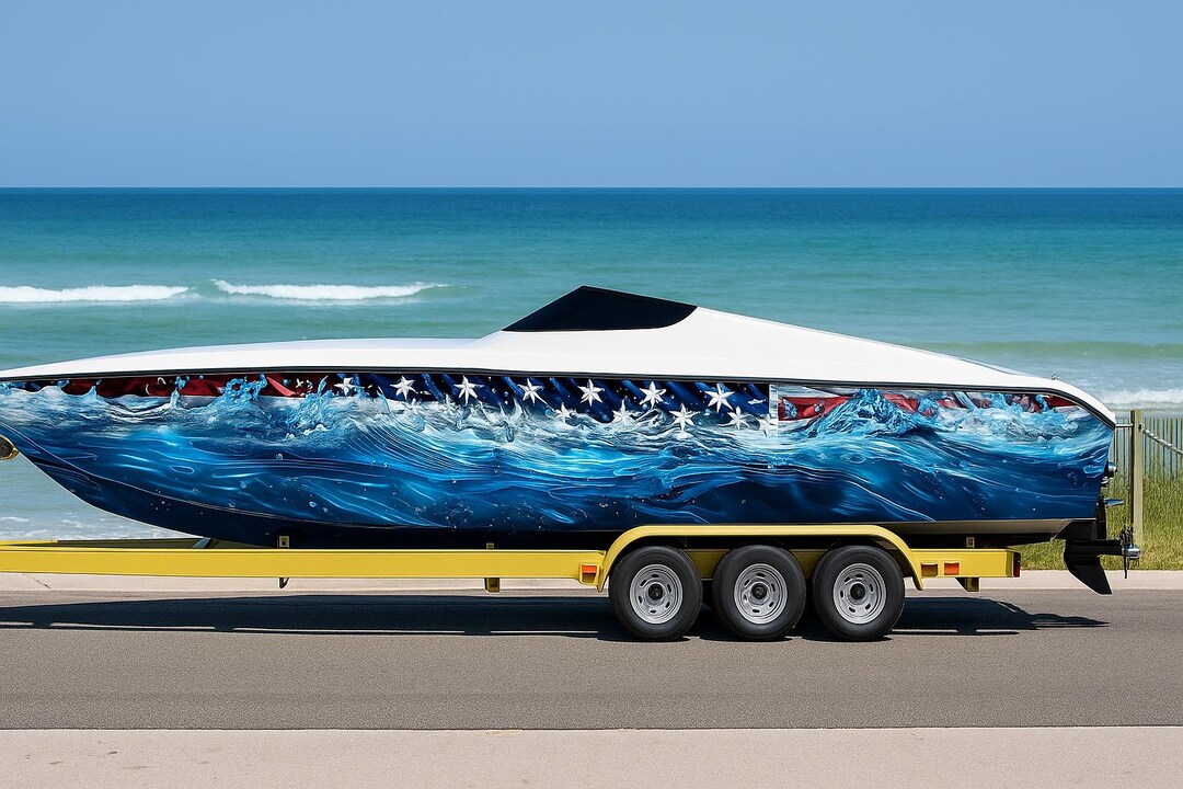 Patriotic Waves Boat Wrap – American Flag Marine Vinyl Design for Speed ...