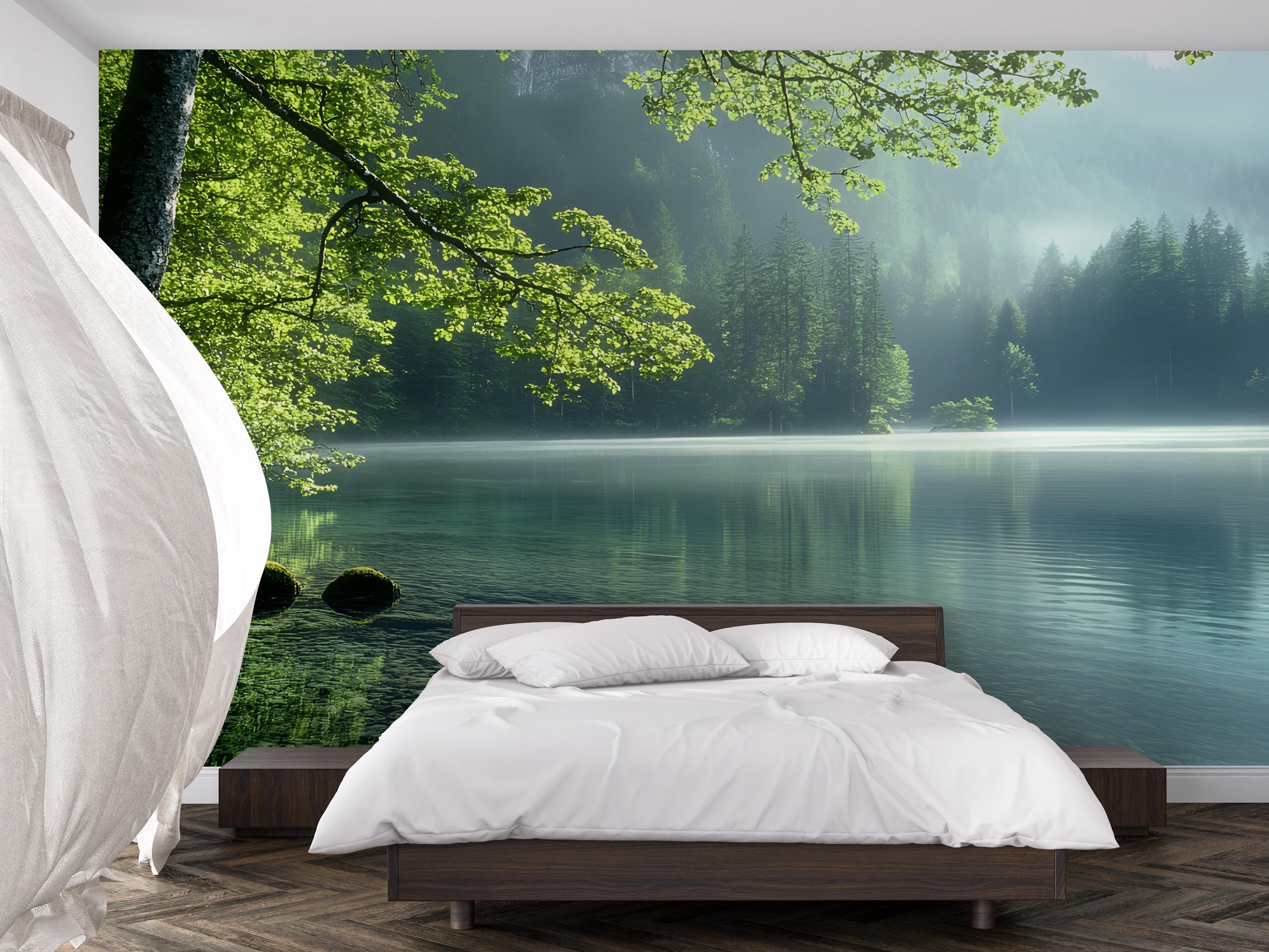 Forest Lake Wall Mural – Serene Nature Landscape Wallpaper – Misty Pine ...