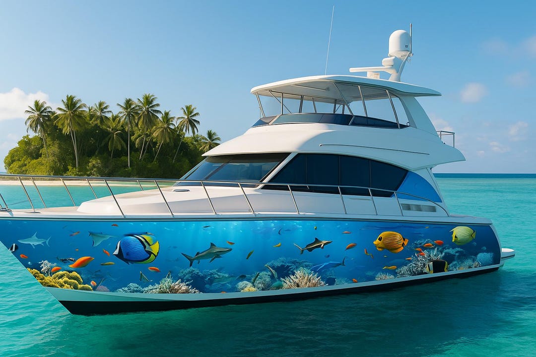 Tropical Reef Boat Wrap – Vibrant Full-color Marine Vinyl Design With ...