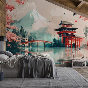 Japanese Wall Mural With Mount Fuji – Cherry Blossom Landscape Mural ...