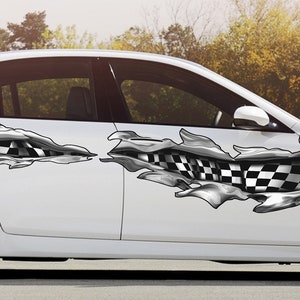 3D Checkered Flag Car Wrap, Ripped Metal Racing Flag Car Decal ...