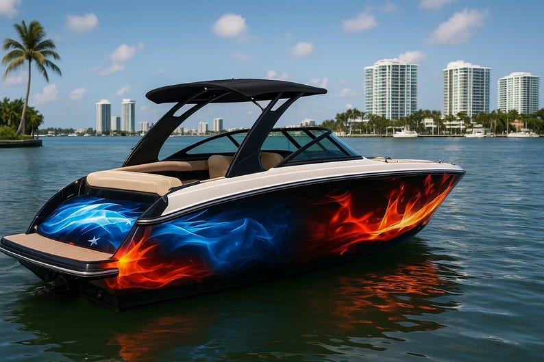 Fire and Ice Patriotic Boat Wrap – Red & Blue Flame Marine Vinyl for ...
