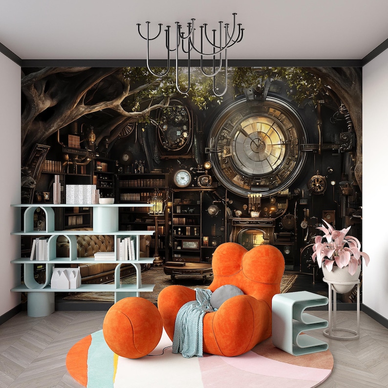 Steampunk Library Wallpaper, Bold Vintage Clock Wall Mural, Industrial ...