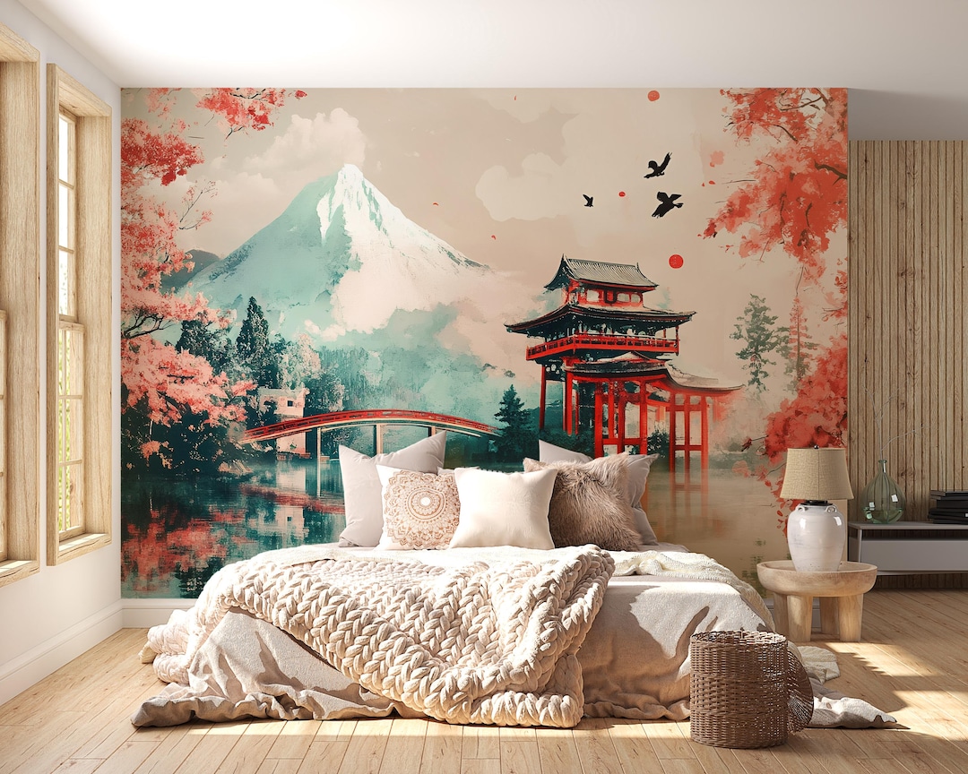 Japanese Wall Mural With Mount Fuji – Cherry Blossom Landscape Mural ...