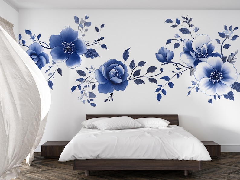 Blue Floral Wall Decal • Large Watercolor Flower Mural • Elegant Peel ...