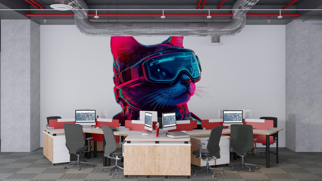 Cyber Cat Wall Decal, Futuristic Cat Wall Art Sticker, Neon Cat Wall ...