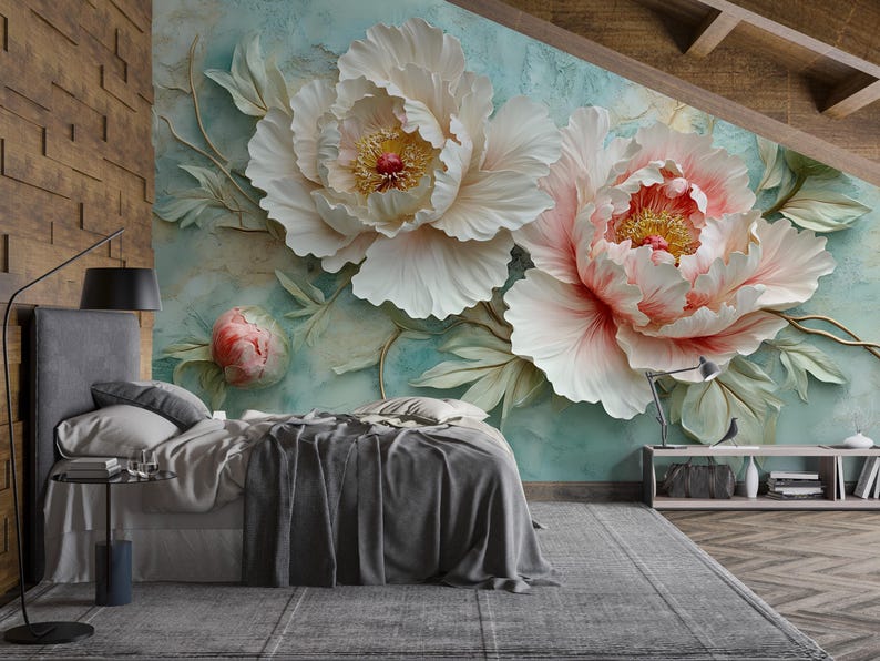 3D Peony Wall Mural – Elegant Floral Wallpaper With Aqua Texture ...