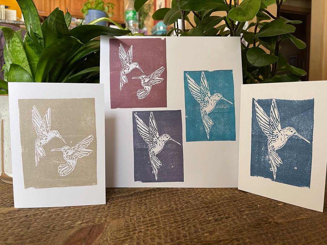 6 Hand Carved Hummingbird Linocut Greeting Cards and Stationary Set - Etsy