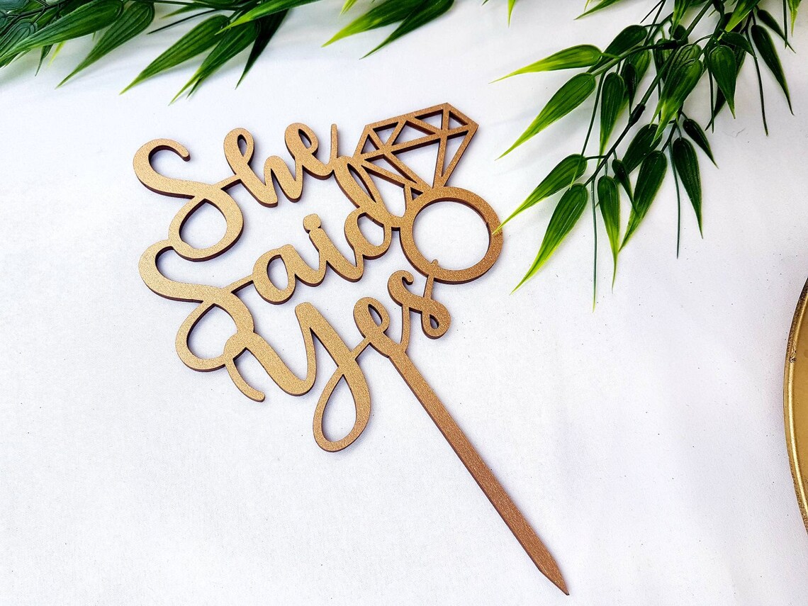 She Said Yes Cake Topper Gold Wooden Wedding Cake Topper | Etsy