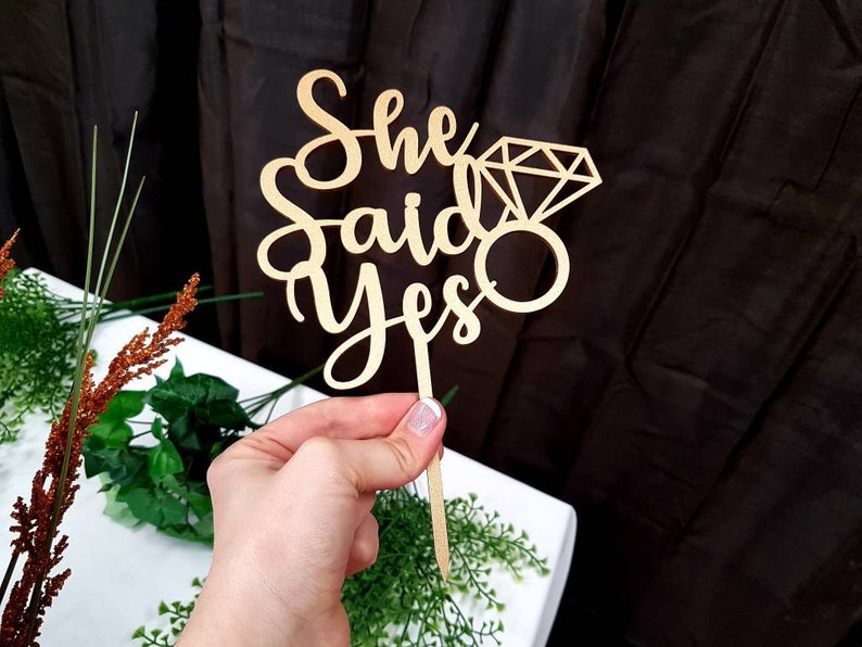 She Said Yes Cake Topper Gold Wooden Wedding Cake Topper | Etsy