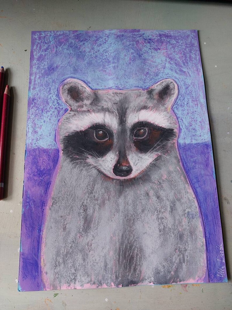 Ilustración mapache realista dibujo acrílico colores y pastel y collage ...