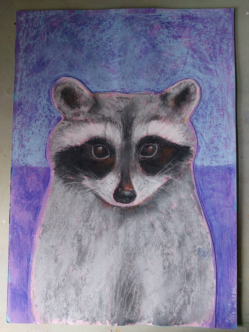 Ilustración mapache realista dibujo acrílico colores y pastel y collage ...