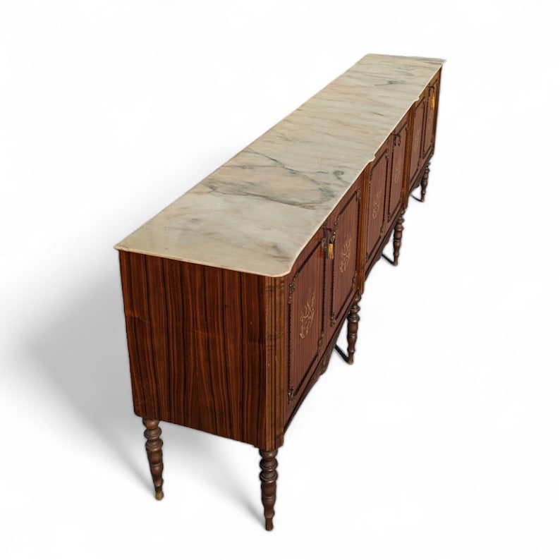 Antique French Buffet, Sideboard, Marble Top, Inlaid Wood, Turned Legs ...
