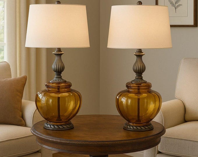 Pair of Vintage Amber Glass Table Lamps With Brass Accents, Hollywood ...
