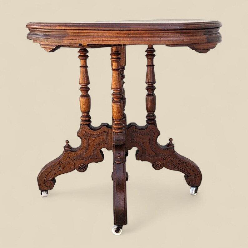 Antique Victorian Parlor Table, Ornate Carved Wood Round Top on Casters ...