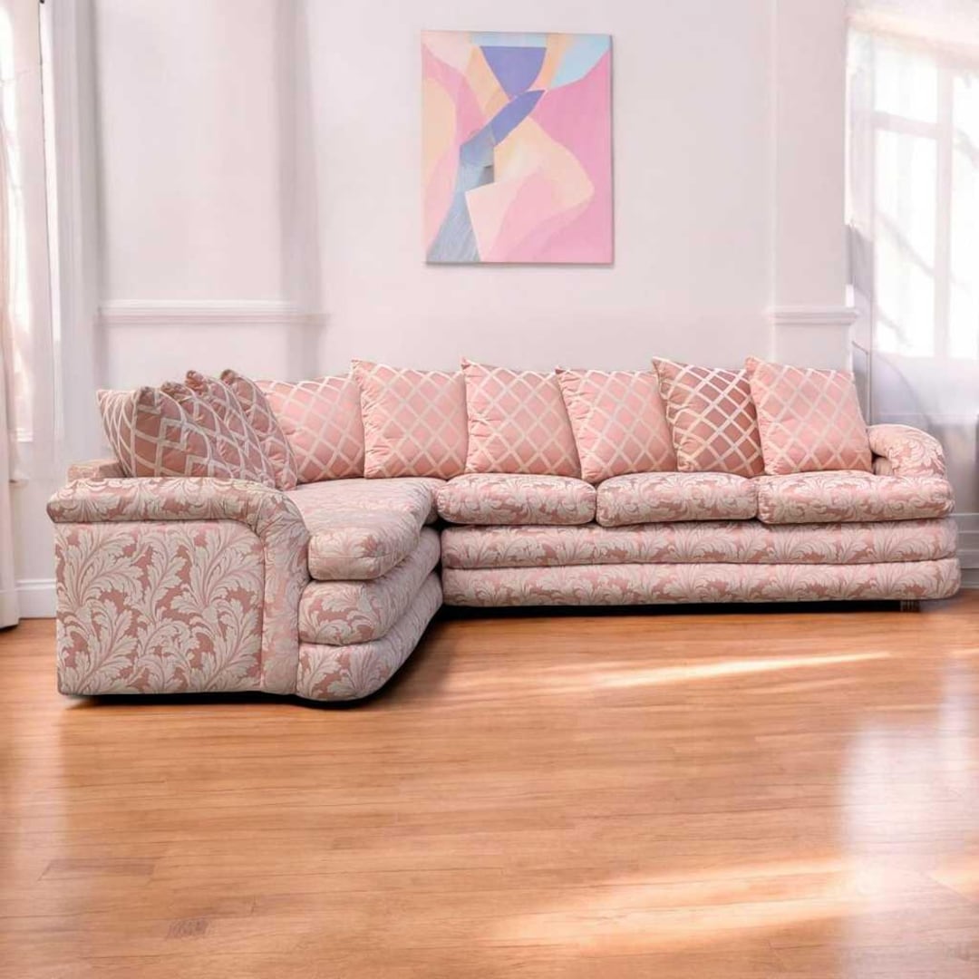 Postmodern Sectional Sofa – 80s Vintage Pink Sofa, Retro Floral Design, Curved Couch, Statement ...