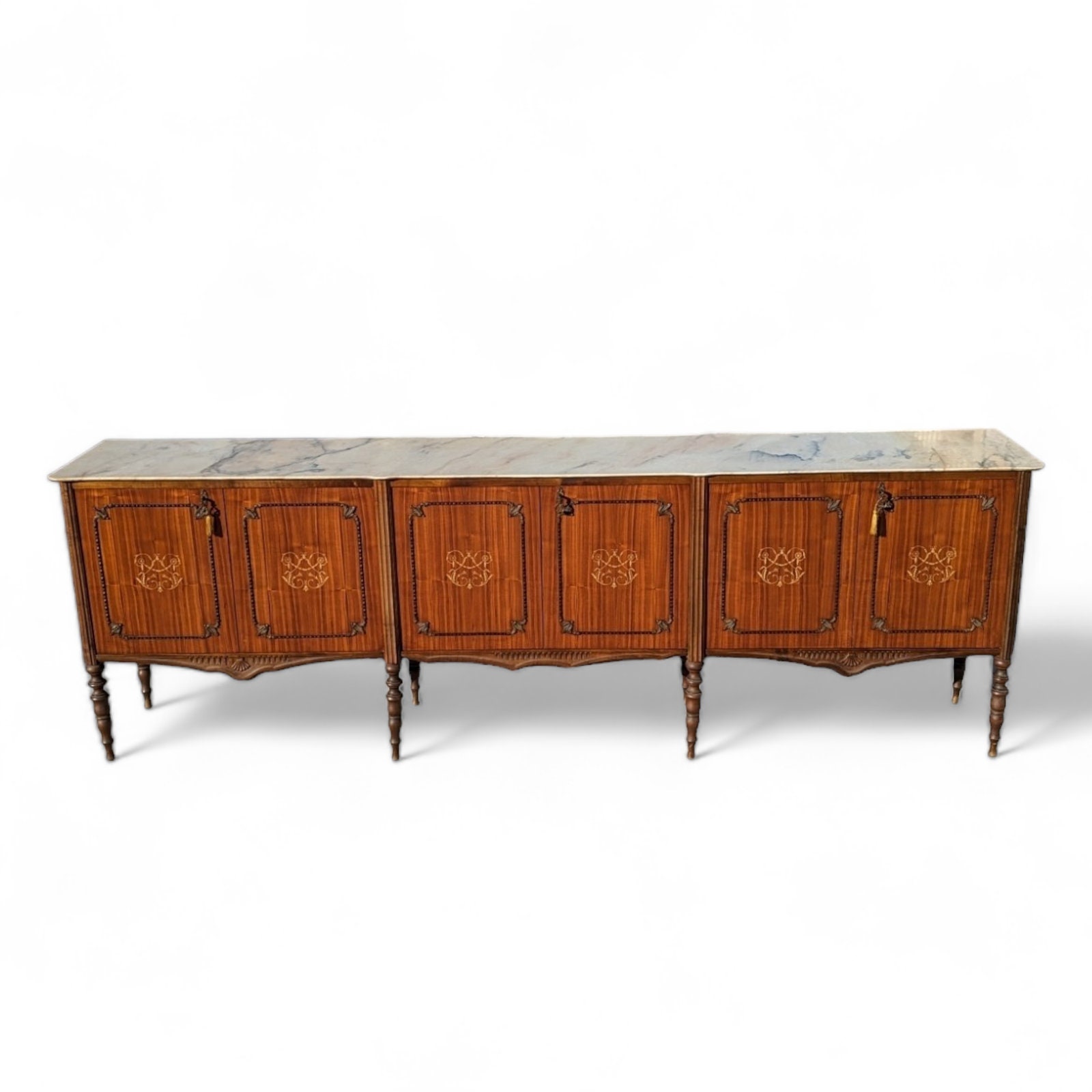Antique French Buffet, Sideboard, Marble Top, Inlaid Wood, Turned Legs ...