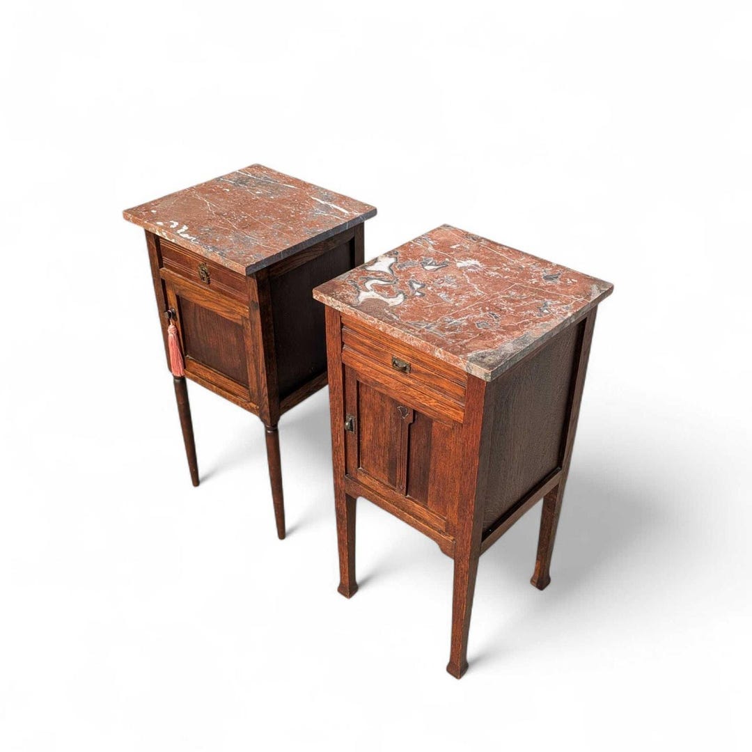 Antique French Oak Nightstands - Red Marble Top Bedside Tables, 20th ...