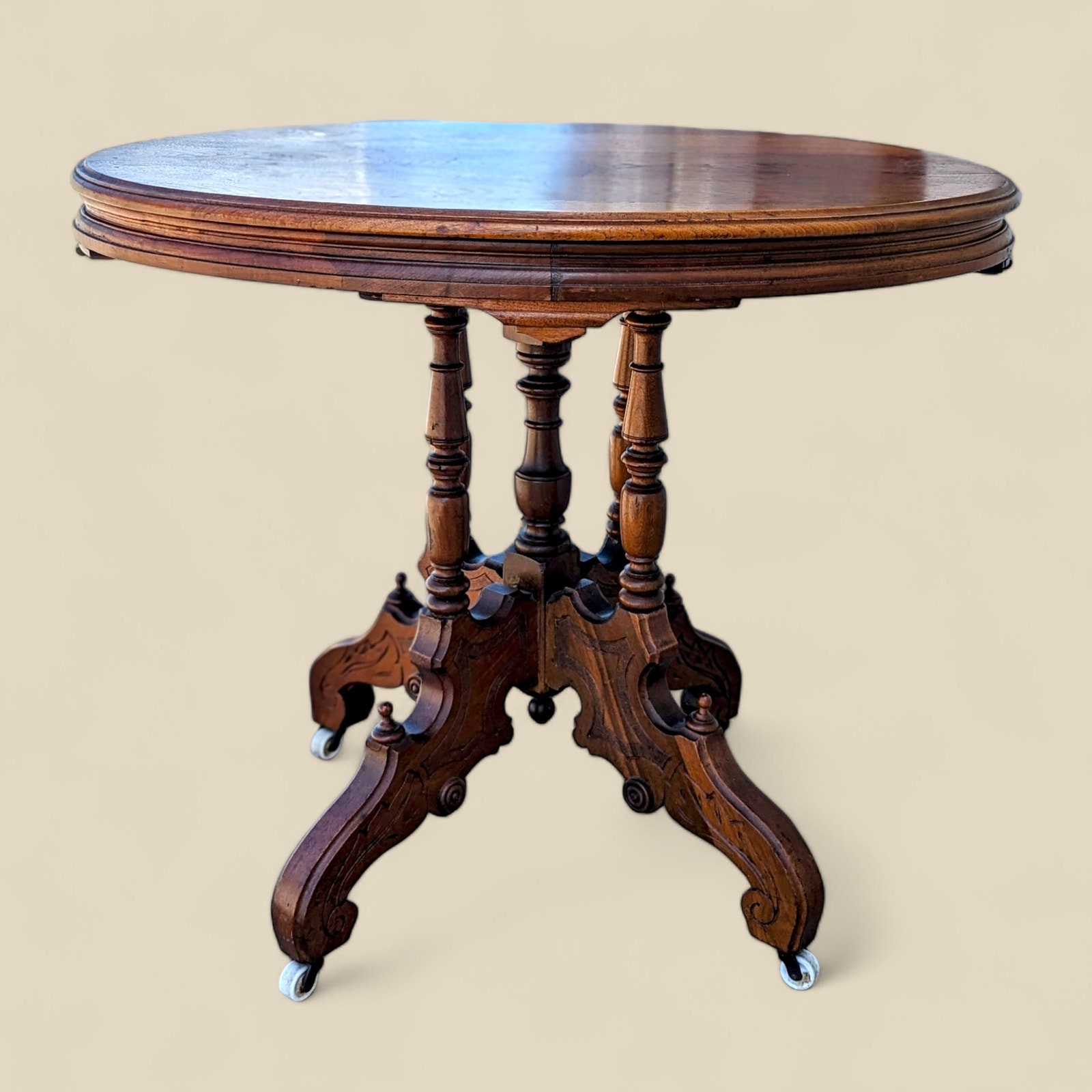 Antique Victorian Parlor Table, Ornate Carved Wood Round Top on Casters ...