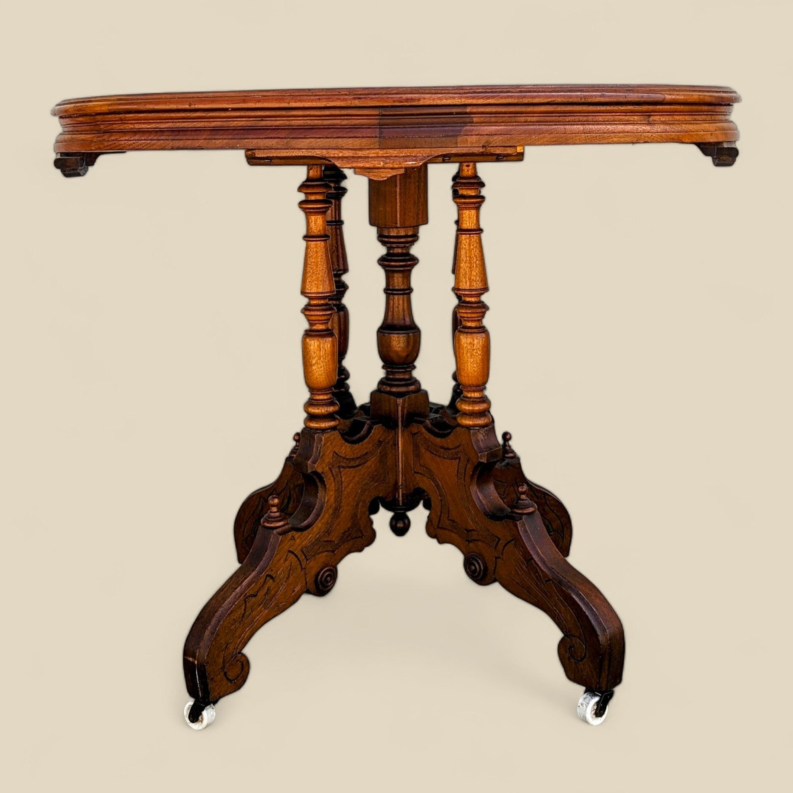 Antique Victorian Parlor Table, Ornate Carved Wood Round Top on Casters ...