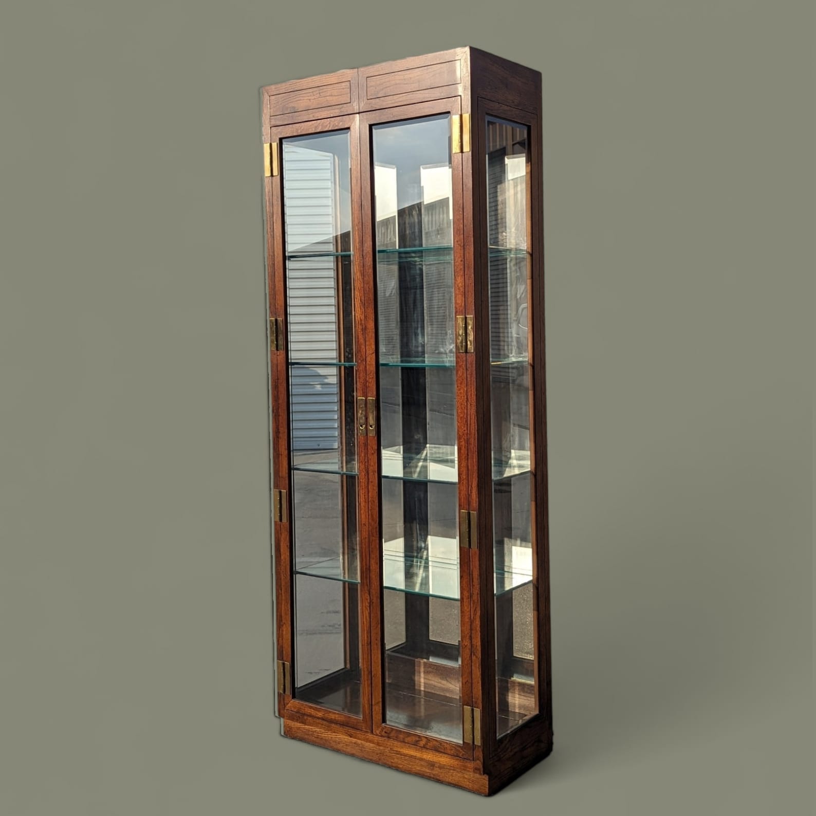 Henredon Bookcase, Etagere, Oak Wood, Glass Shelves, Mirrored Panels ...