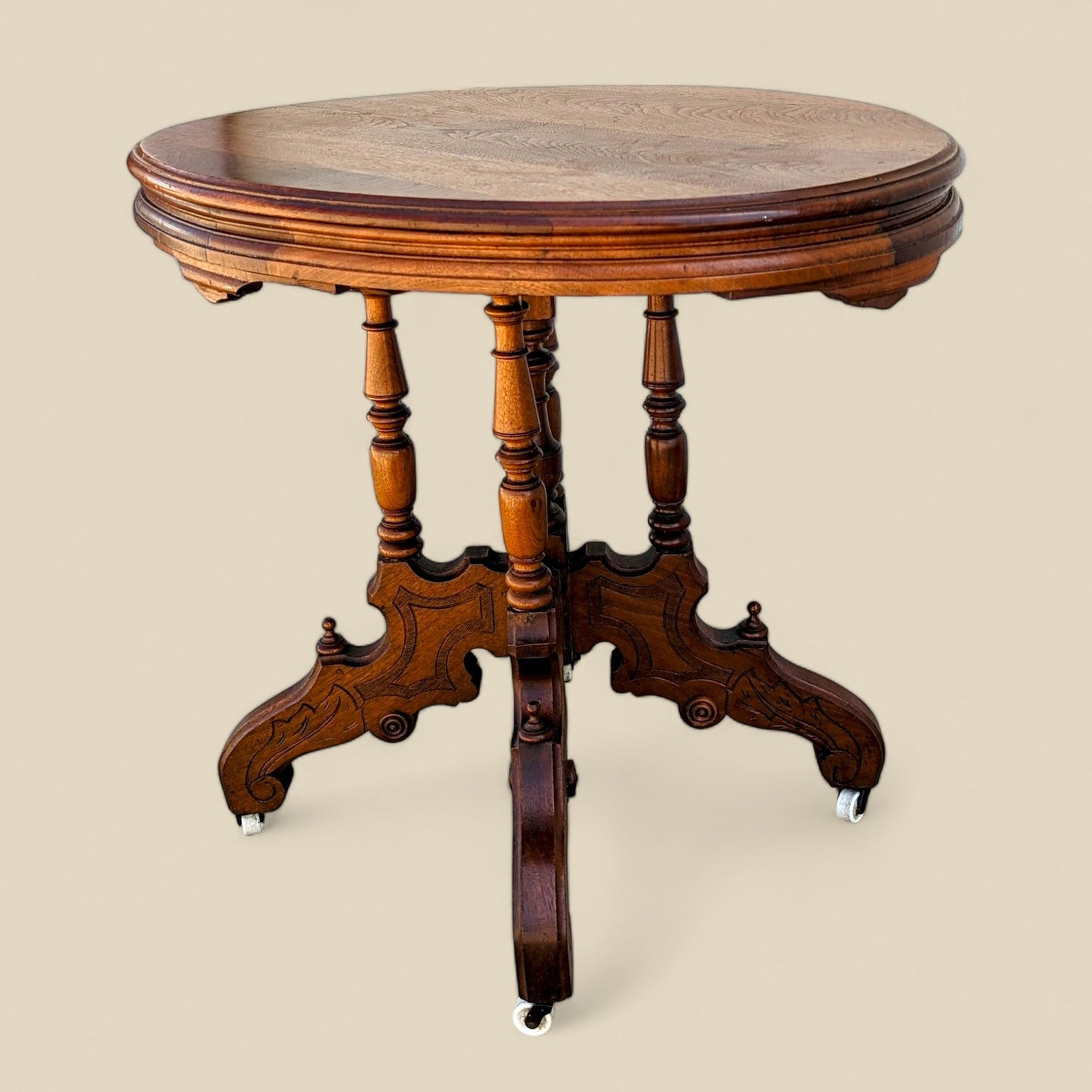 Antique Victorian Parlor Table, Ornate Carved Wood Round Top on Casters ...