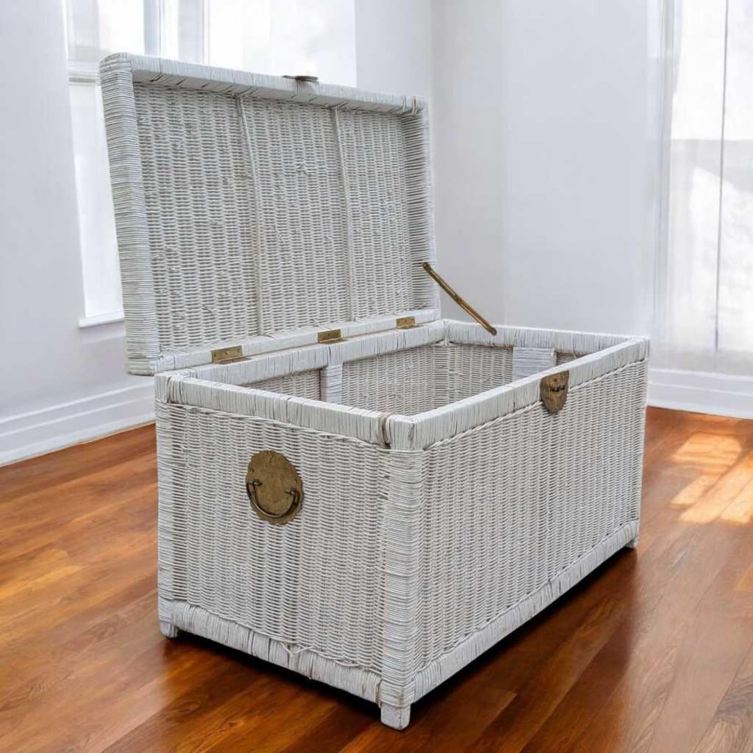 Vintage White Wicker Trunk – Coastal Boho Storage Chest, 35.5" Wide - Etsy
