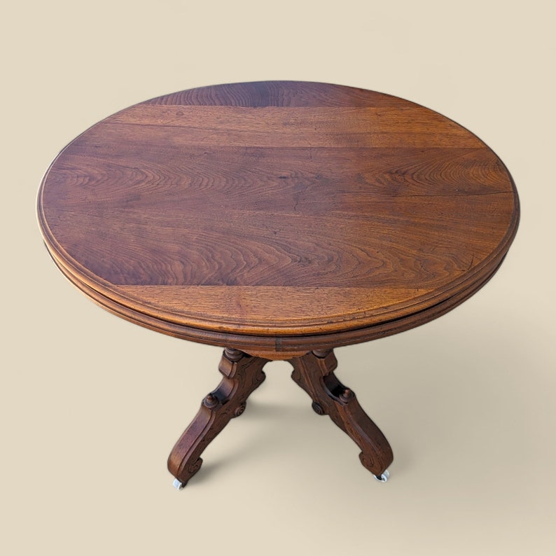 Antique Victorian Parlor Table, Ornate Carved Wood Round Top on Casters ...