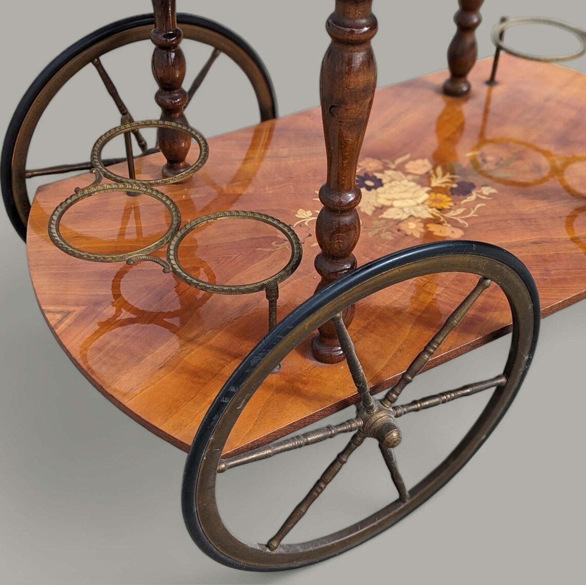 Inlaid Italian Drop Leaf Bar Cart C 1960, Floral Inlay Rolling Bar Tea ...