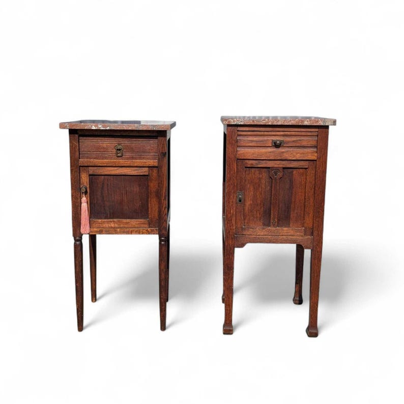 Antique French Oak Nightstands - Red Marble Top Bedside Tables, 20th ...