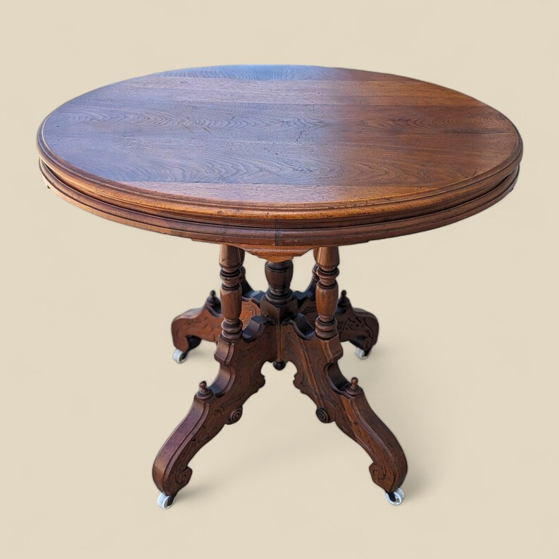 Antique Victorian Parlor Table, Ornate Carved Wood Round Top on Casters ...