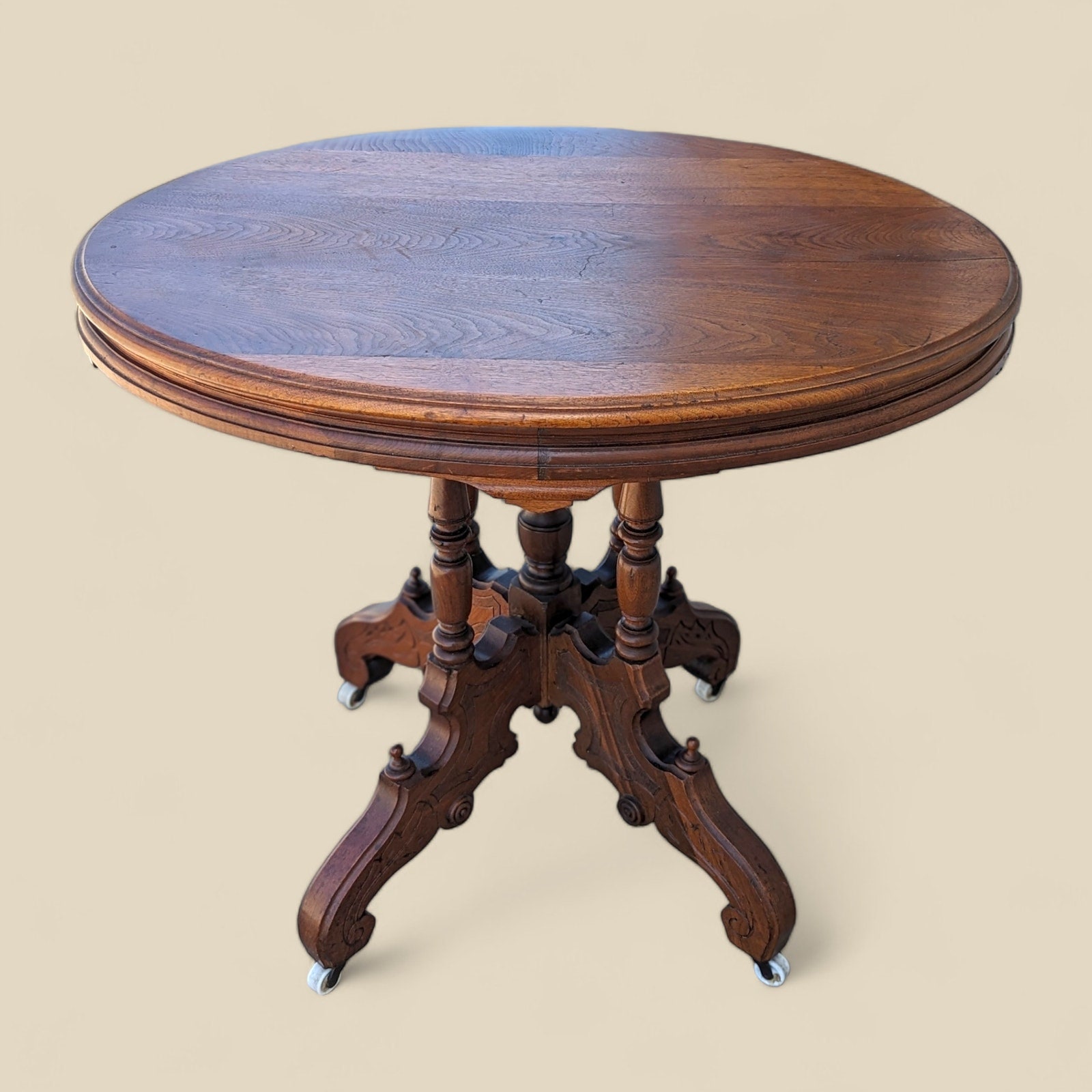 Antique Victorian Parlor Table, Ornate Carved Wood Round Top on Casters ...