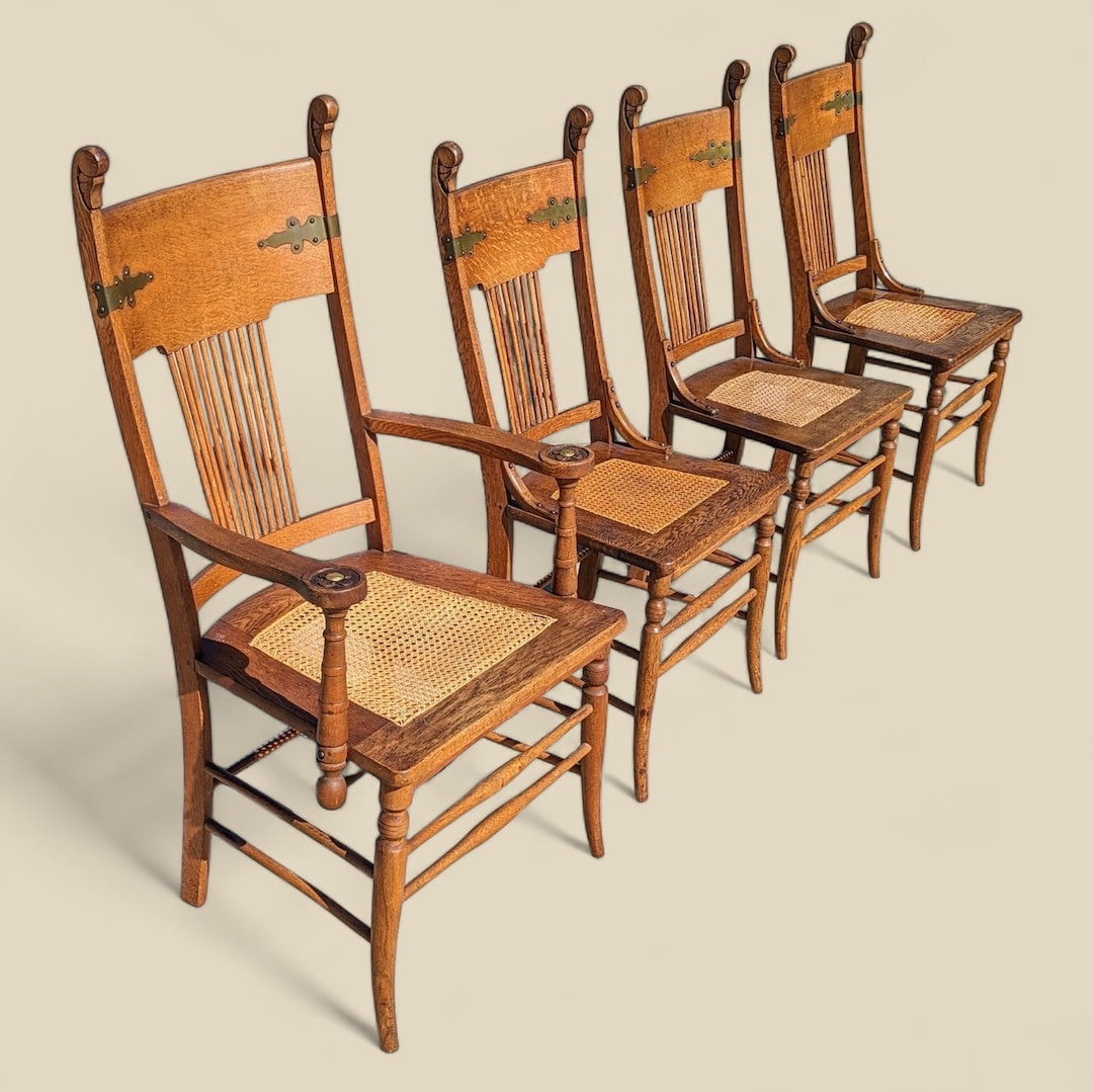 Set of 4 Antique Tiger Oak Dining Chairs With Rattan Seats, Arts and ...