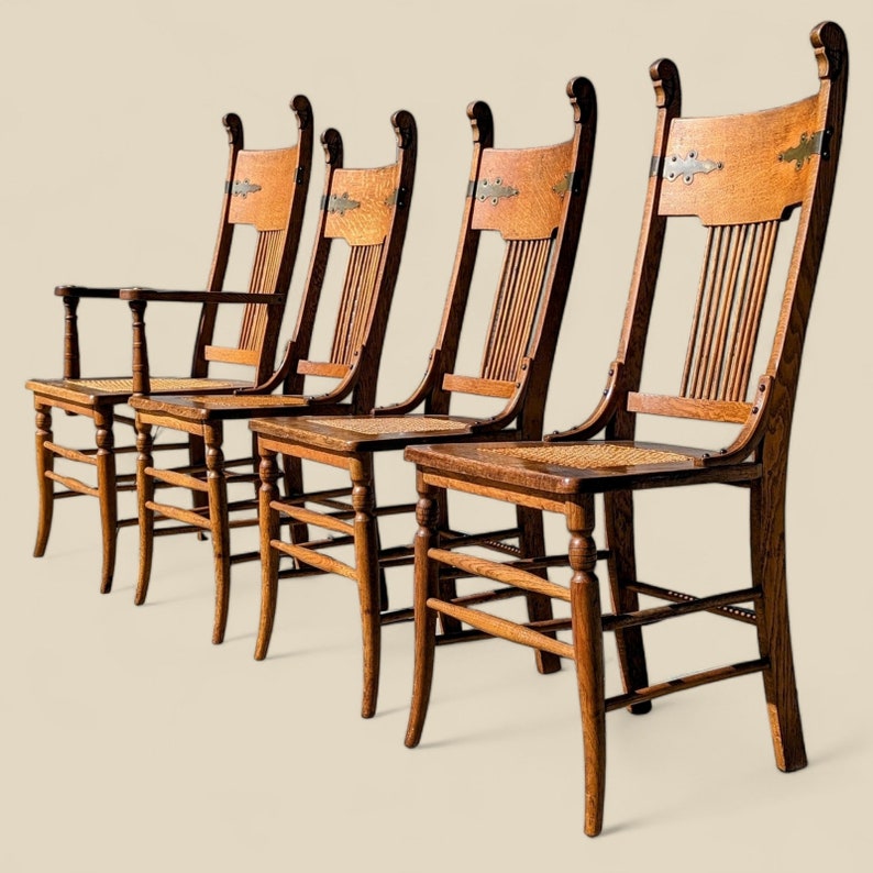 Set of 4 Antique Tiger Oak Dining Chairs With Rattan Seats, Arts and ...