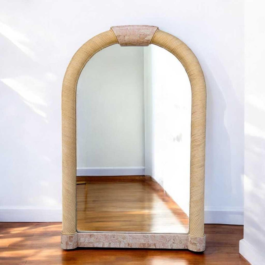 Vintage Karl Springer Style Arch Mirror, Tessellated Stone & Rattan ...
